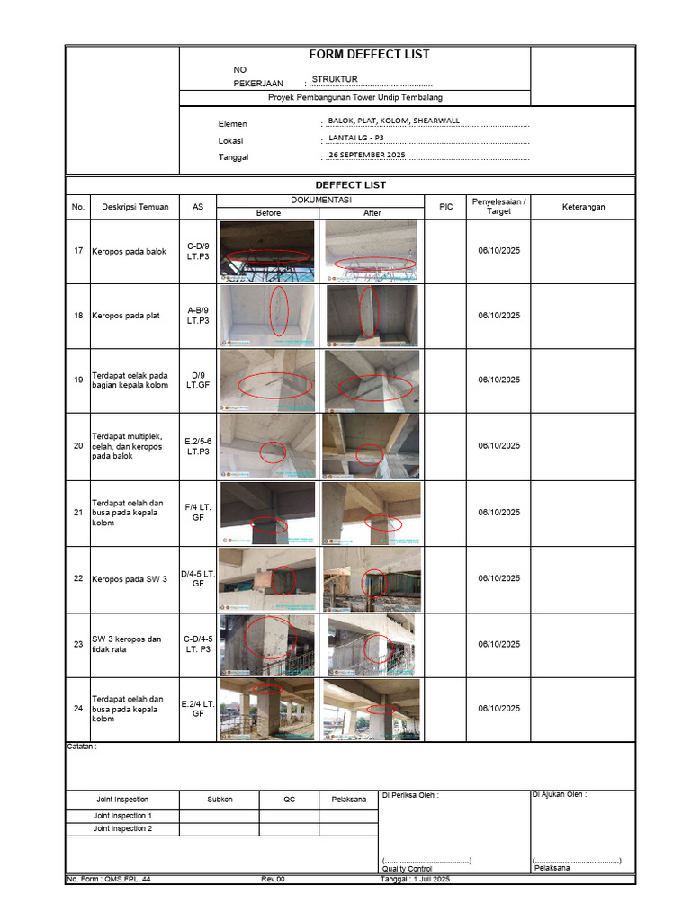 Daftar Defect Proyek Tower Undip Tembalang | PDF