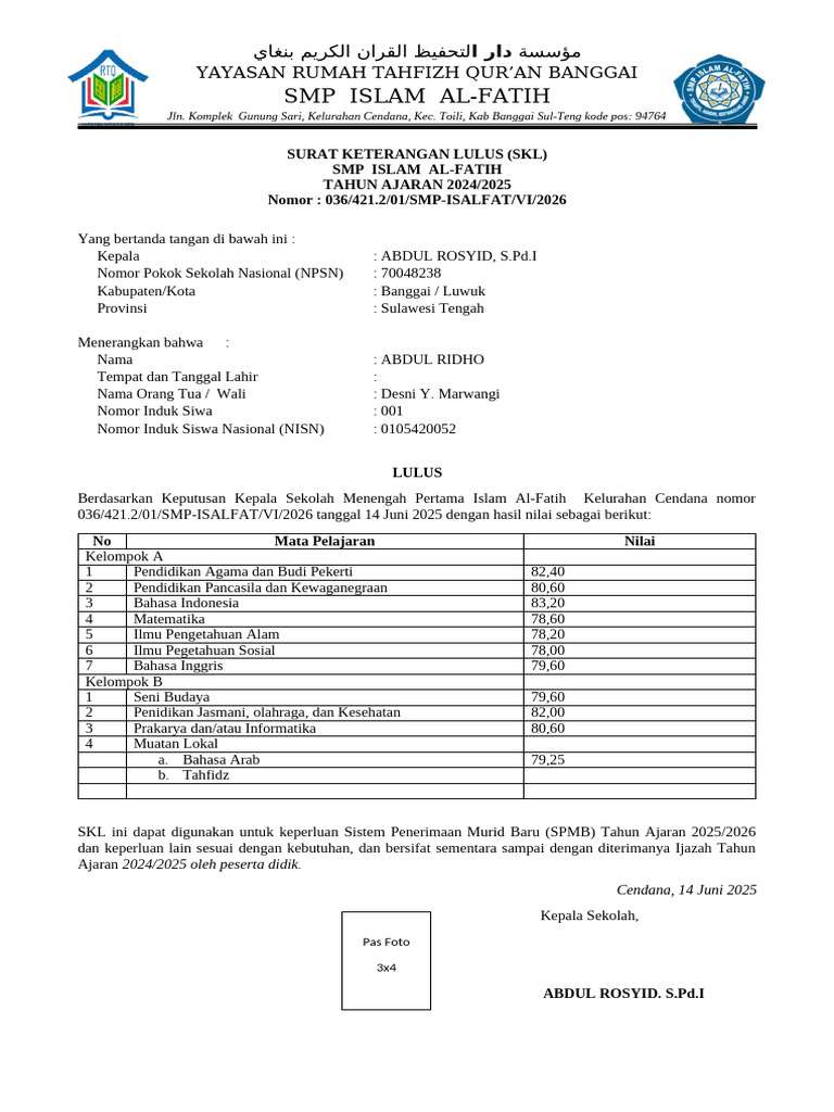 SKL Lulus SMP Islam Al-Fatih 2025 | PDF