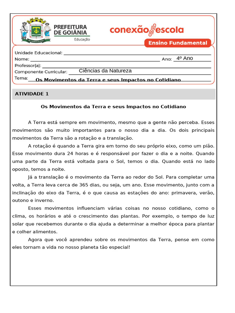 Atividade - Os Movimentos Da Terra e Seus Impactos No Cotidiano | PDF | Terra | Natureza