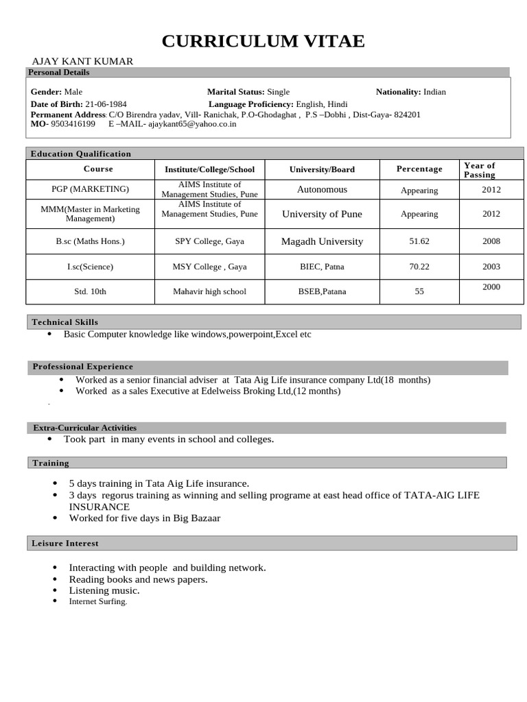 Ajay Kant Kumar - 1 Page CV Format | PDF