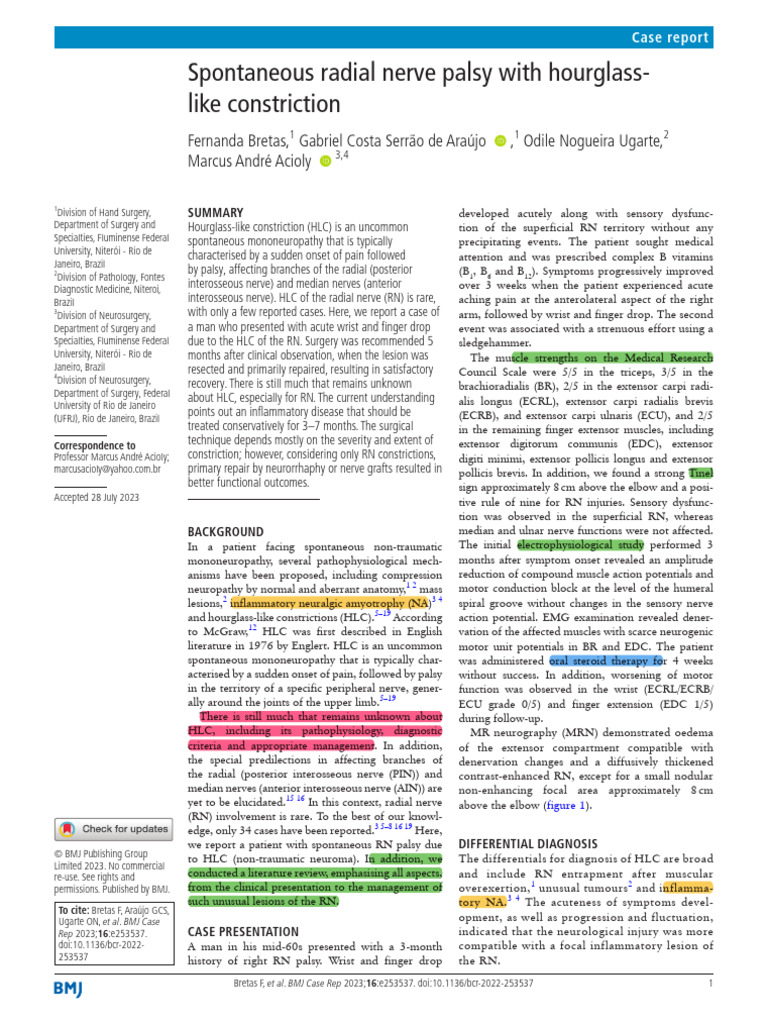 Spontaneous Radial Nerve Palsy With Hourglass-Like Constriction | PDF ...