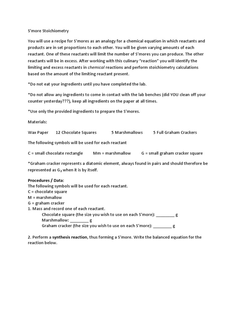 Smores Stoichiometry | PDF | Reagent | Stoichiometry