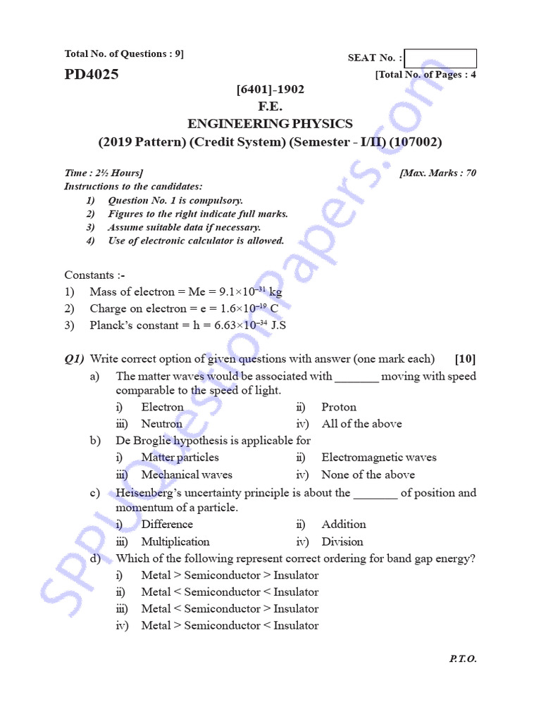 Be - First Year Fe Engineering - Semester 1 - 2025 - May - Engineering Physics Pattern 2019 ...