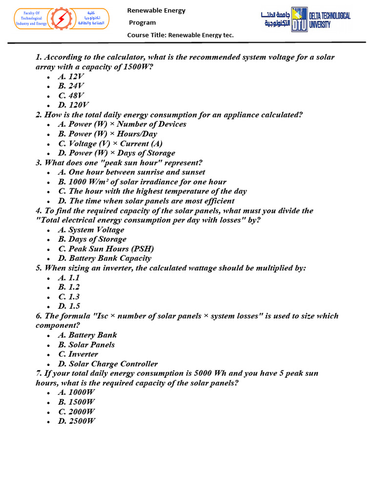 Renewable Energy System Maintenance Quiz | PDF