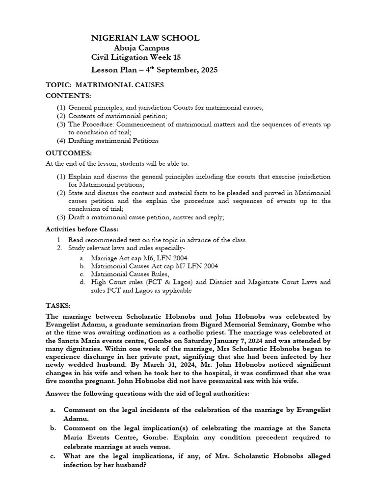 WK 15 Matrimonial Causes Lesson Plan and Task | PDF | Marriage | Lawsuit