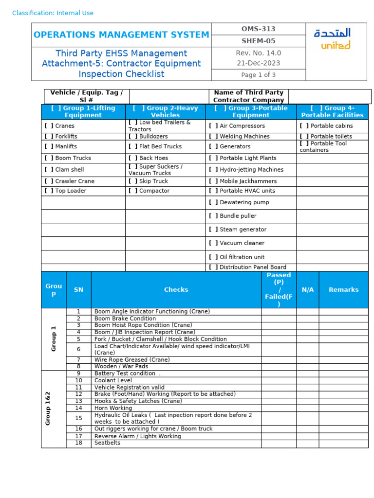 OMS-313 Third Party EHSS Management Attachment-5 Contractor Equipment Inspection Checklist | PDF ...