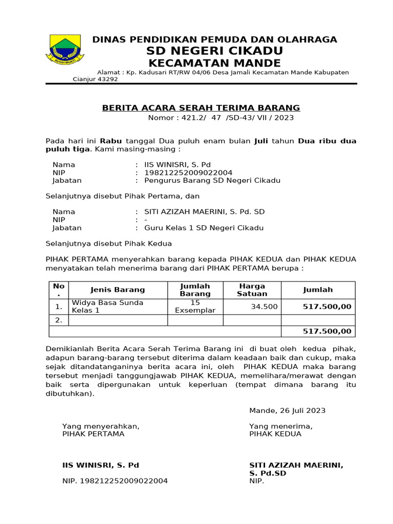 Berita Acara Serah Terima Barang SD Cikadu | PDF