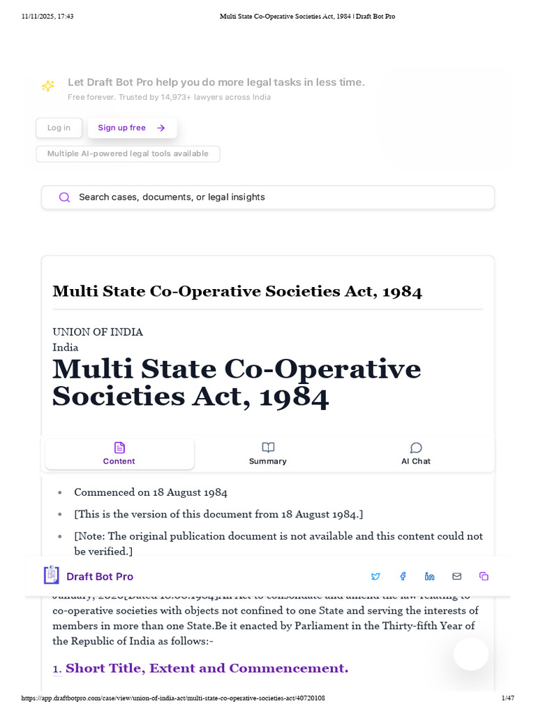Multi State Co-Operative Societies Act, 1984 - Draft Bot Pro | PDF ...