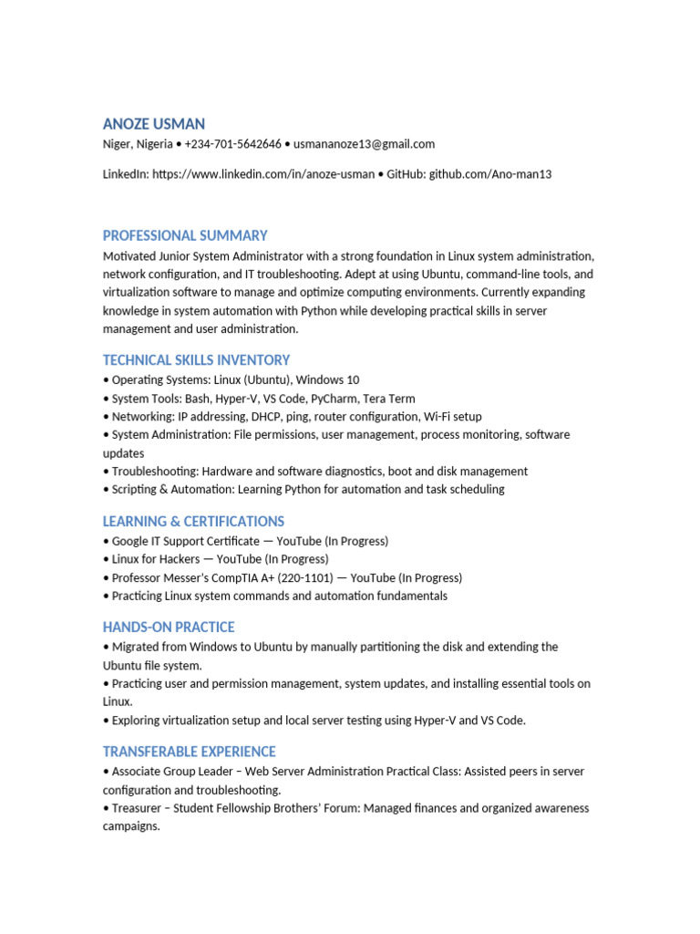 Junior System Administrator Resume | PDF | Hyper V | System Administrator