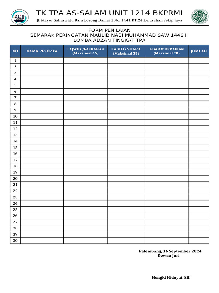 Form Penilaian Juri Maulid Nabi 2024 | PDF