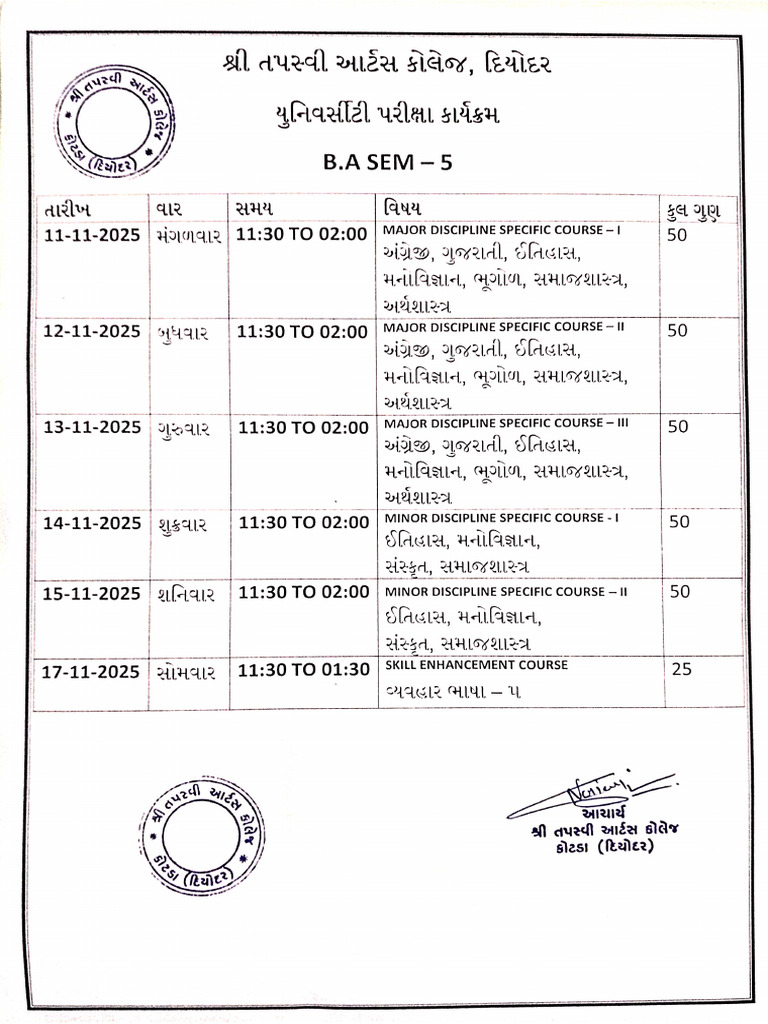B.A Sem 5 University Exam Time Table Nov 2025 | PDF
