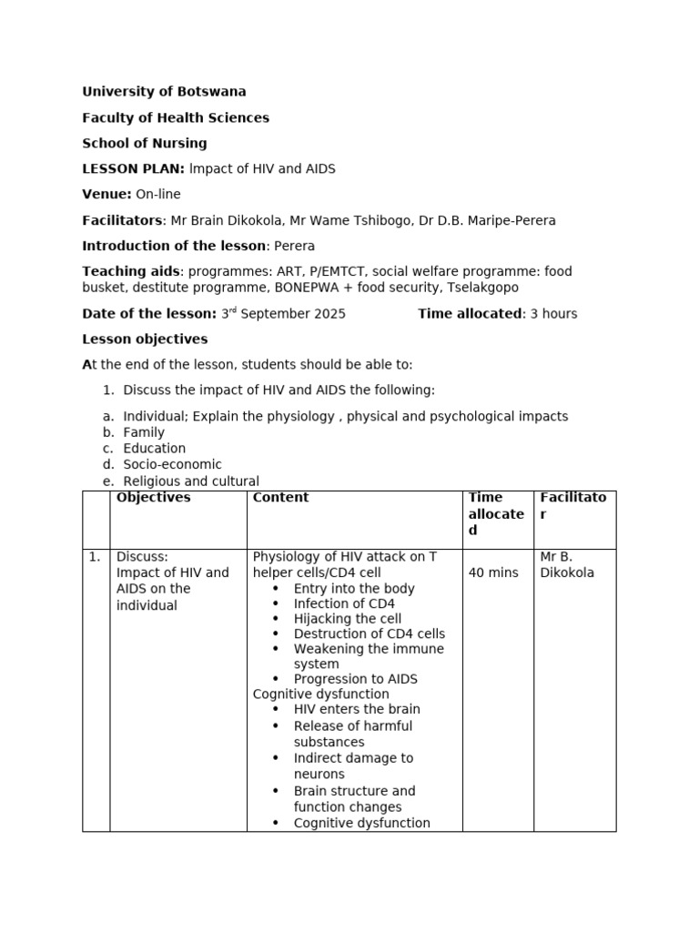 LESSON PLAN-IMPACT OF HIV and AIDS | PDF | Hiv/Aids | Hiv