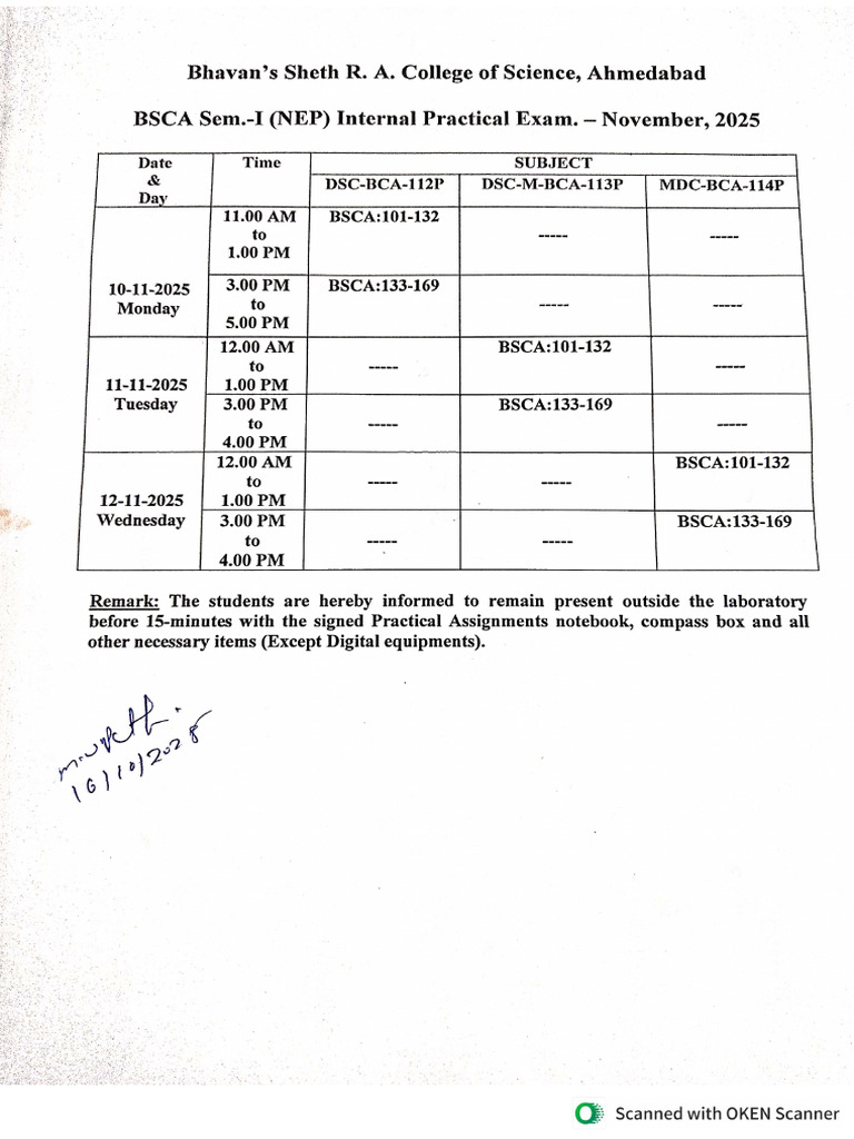 BSBCA Practical Time Table | PDF