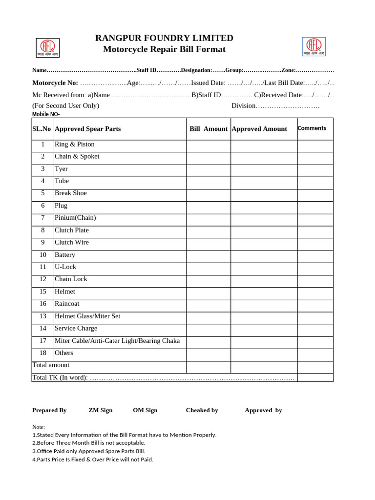 Motor Cycle Repair Bill Format | PDF