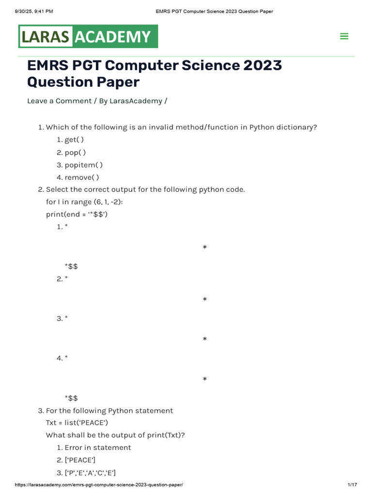EMRS PGT Computer Science 2023 Exam Questions | PDF | Boolean Algebra ...