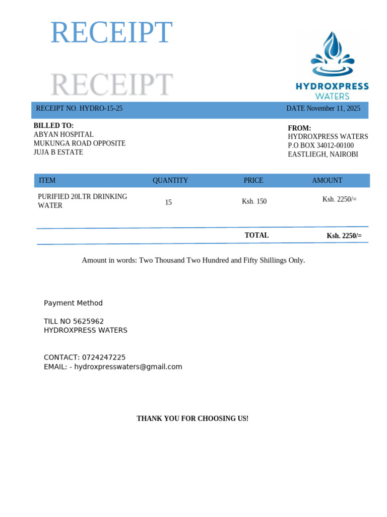 Hydroxpress Water Receipt - Nov 2025 | PDF