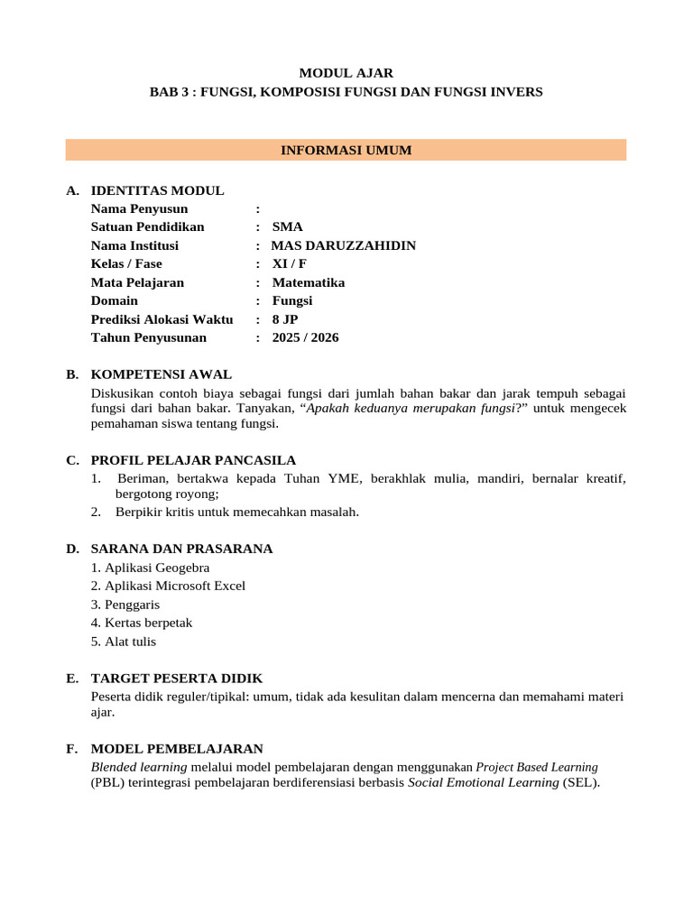 Modul Ajar Fungsi Kelas XI | PDF