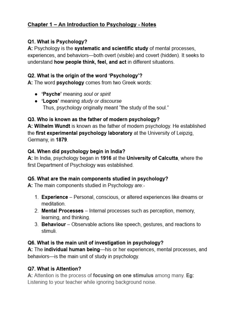 1. Introduction to Psychology - Notes (1) | PDF | Psychology | Perception