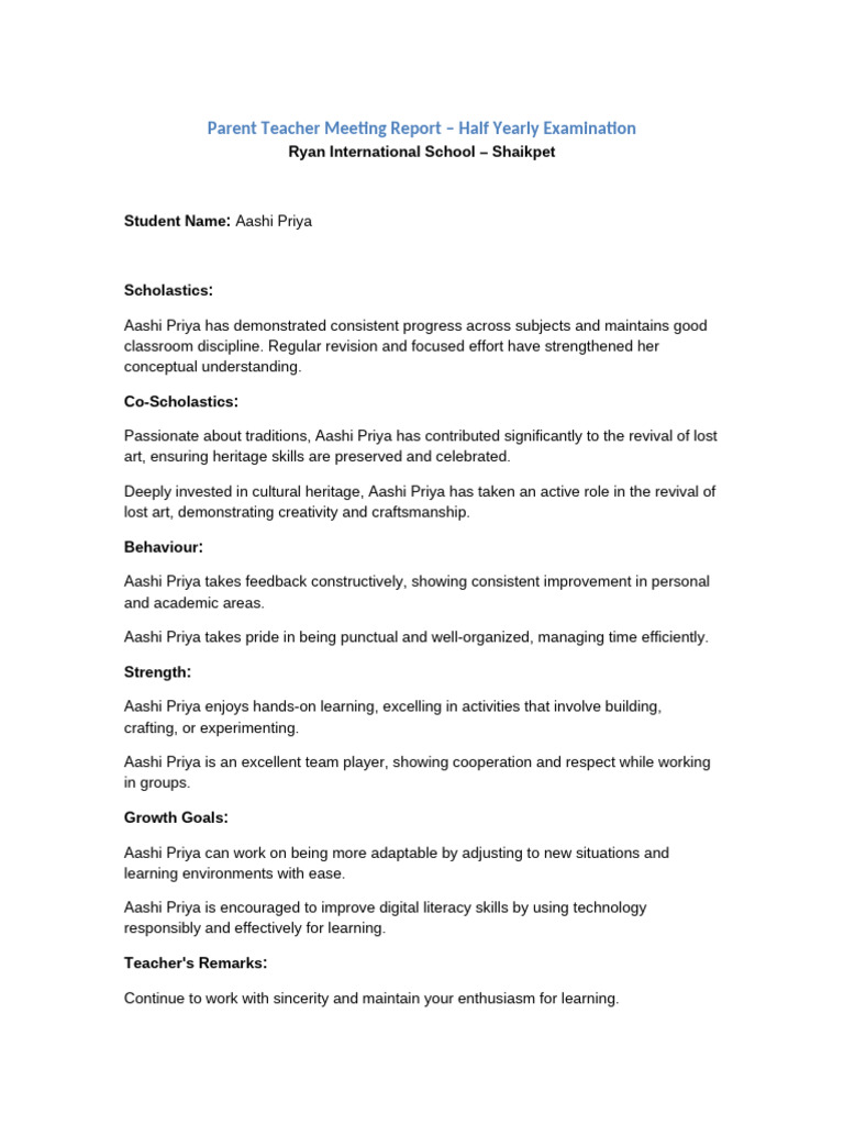 PTM Half Year Sample (1) | PDF | Teachers | Learning