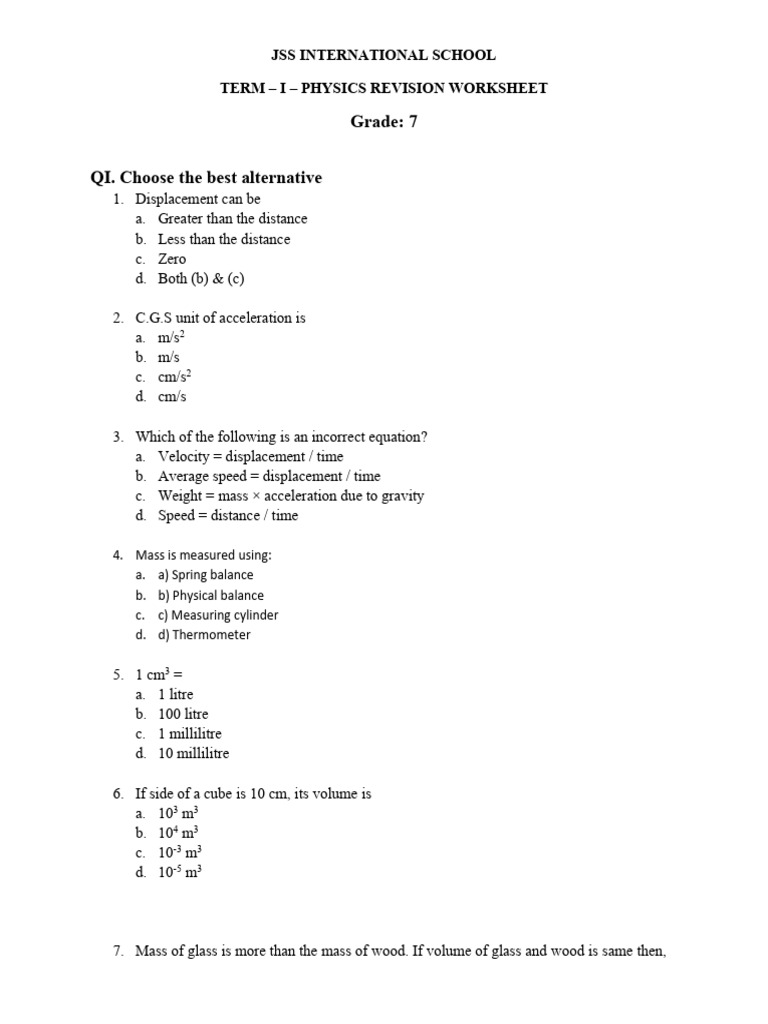 Grade 7 Physics Revision Worksheet | PDF | Density | Volume