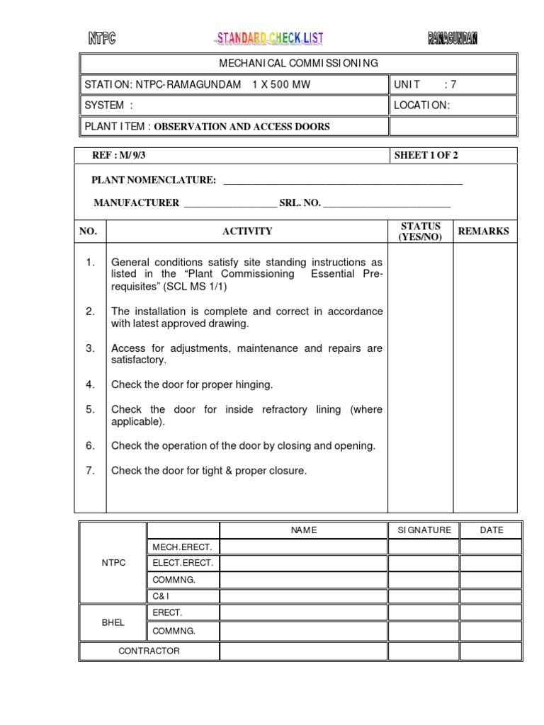 Observation Door Commissioning Checklist | PDF