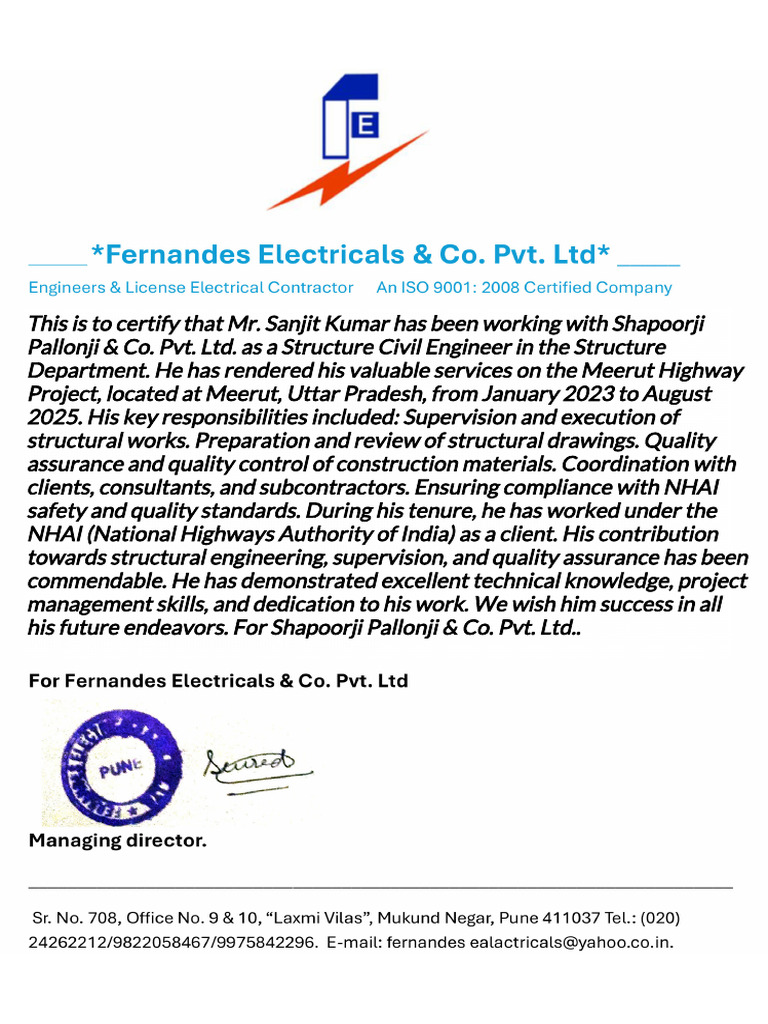 Sanjit Experience Certificate | PDF