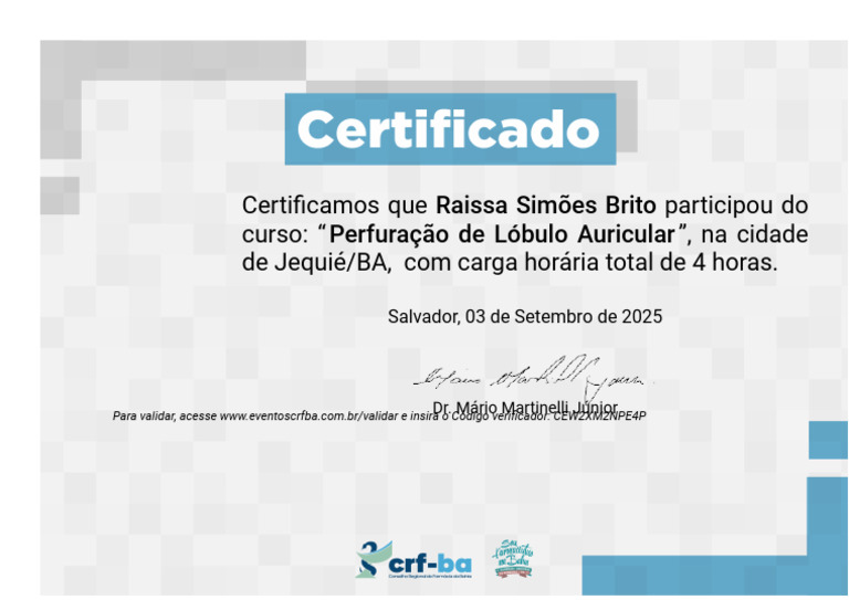 Certificado Perfuração de Lóbulo Auricular - Raissa Simões Brito | PDF