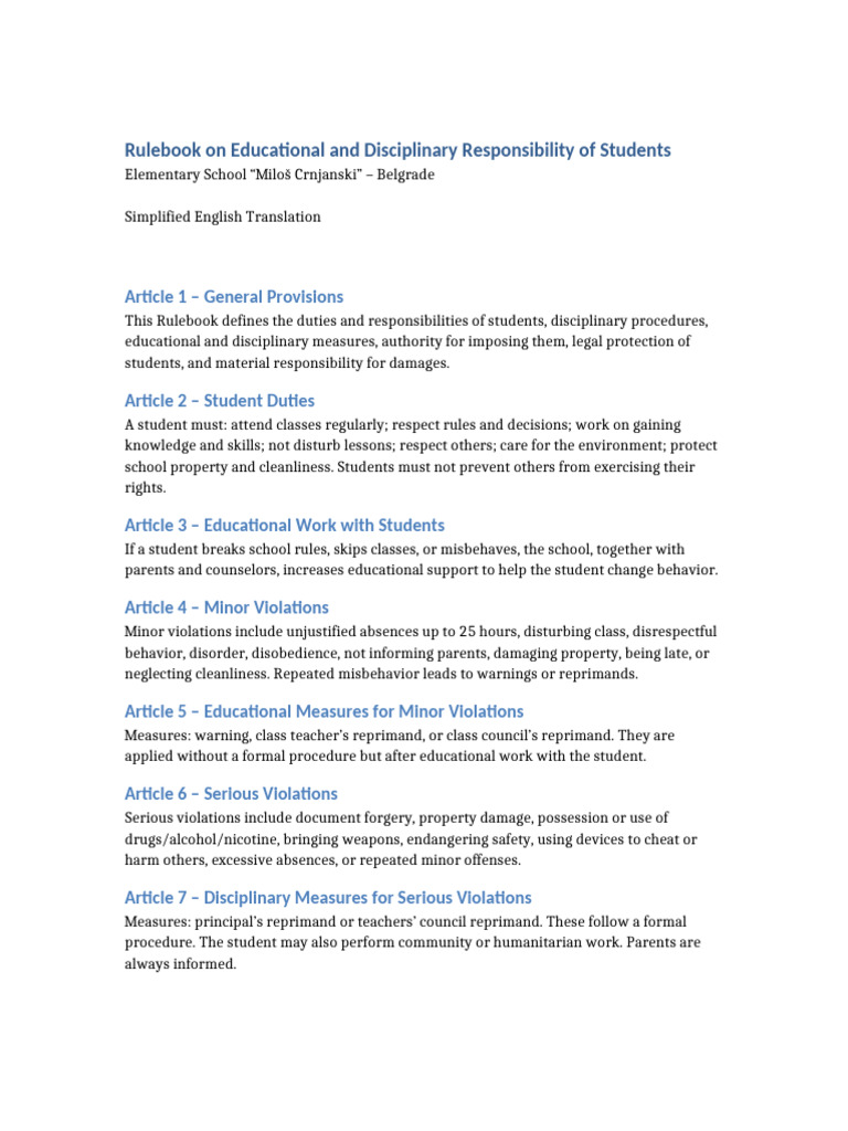 Rulebook On Student Disciplinary Responsibility English | PDF ...