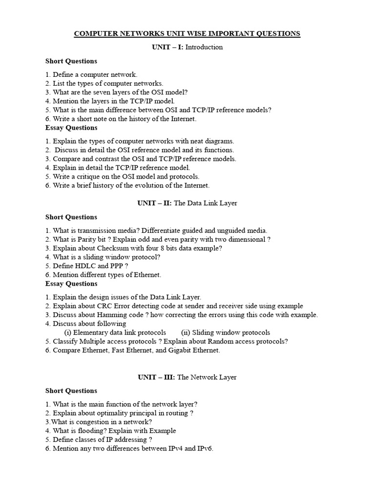 CN Important Questions Unit Wise | PDF | Transmission Control Protocol ...