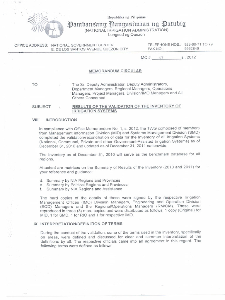 Nia MC 47-2012 The Validation of The Inventory of Irrigation Systems | PDF