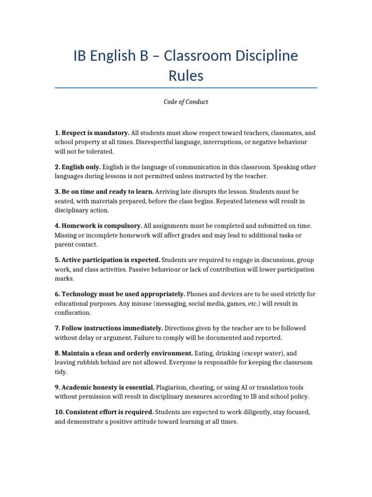 IB EnglishB Classroom Rules | PDF