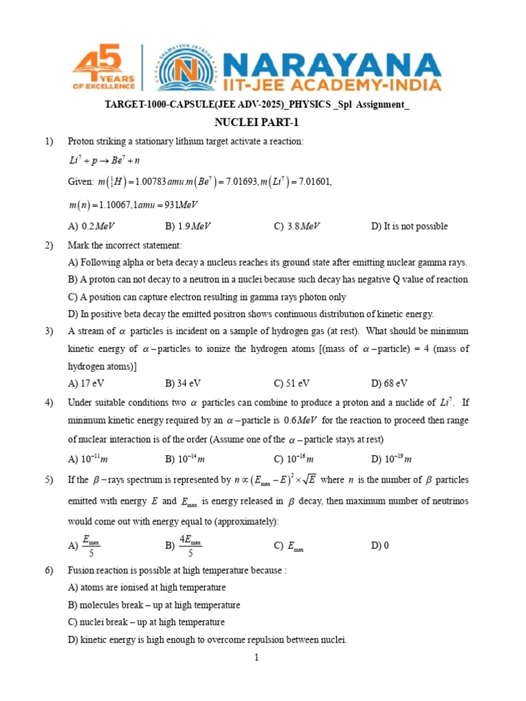 Target-1000-Capsule (Jee Adv-2025) Physics SPL Assignment Nuclei Part-1 | PDF | Radioactive ...