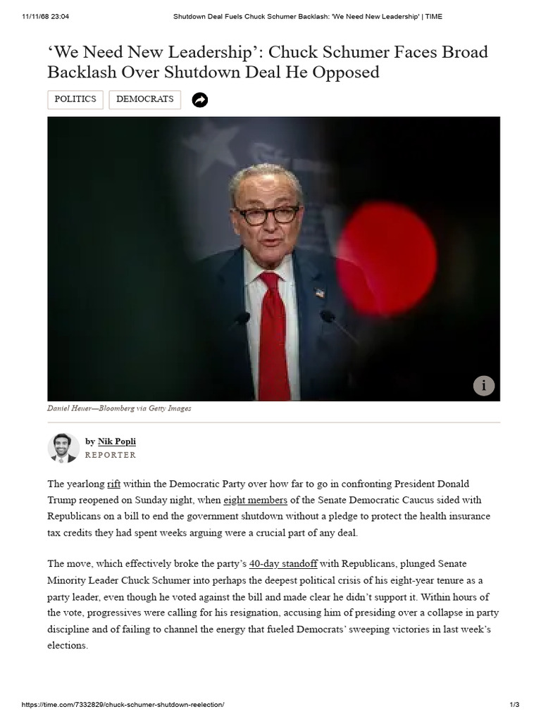 Schumer Faces Backlash Over Shutdown Deal | PDF | Chuck Schumer ...