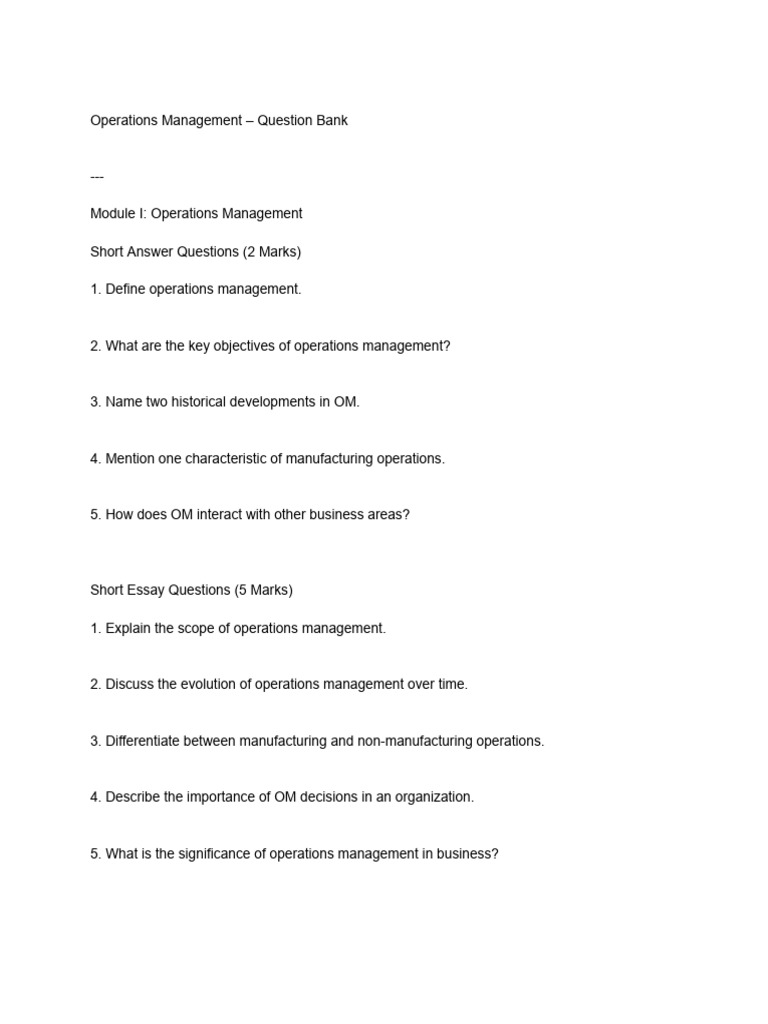 Operations Management - Question Bank | PDF | Operations Management ...