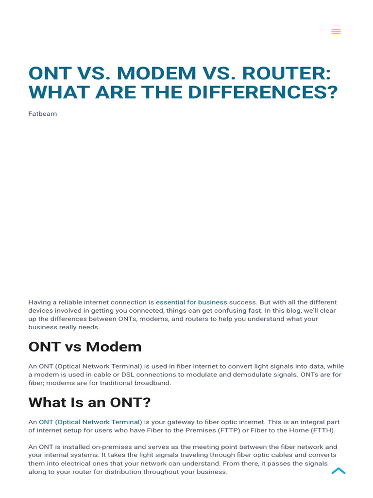 ONT Vs Modem Vs Router Differences | PDF | Modem | Internet Access