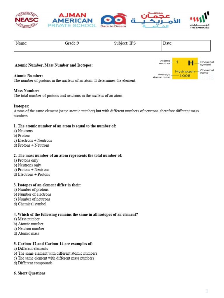 IPS Comprehensive Sheet Term 1 EOT | PDF | Atoms | Proton