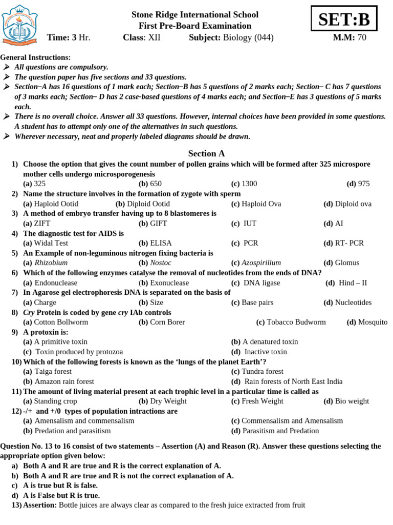 Class XII Bio Set B | PDF | Birth Control | Ploidy