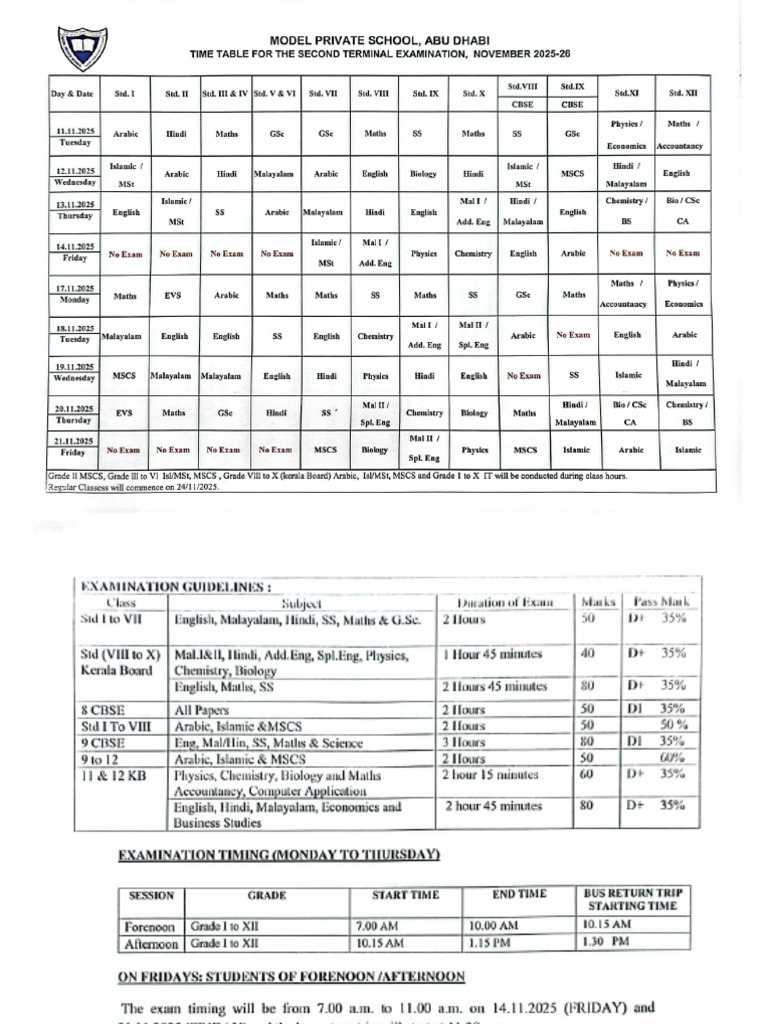 Timetable For Second Terminal Examination - November 2025 | PDF