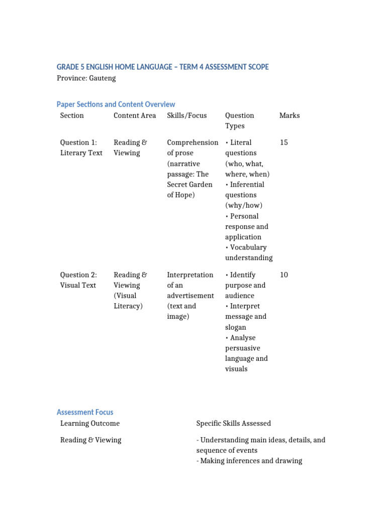 Grade 5 English Term 4 Assessment Guide | PDF | Reading Comprehension ...