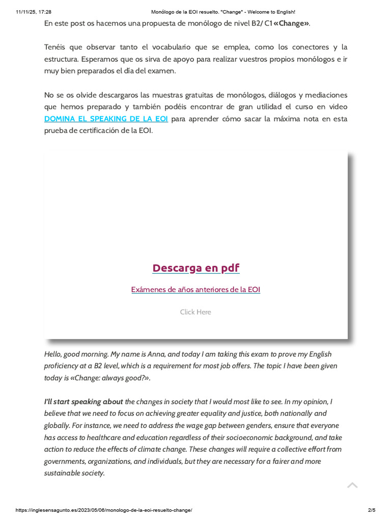 Monólogo de La EOI Resuelto. - Change - Welcome To English! | PDF