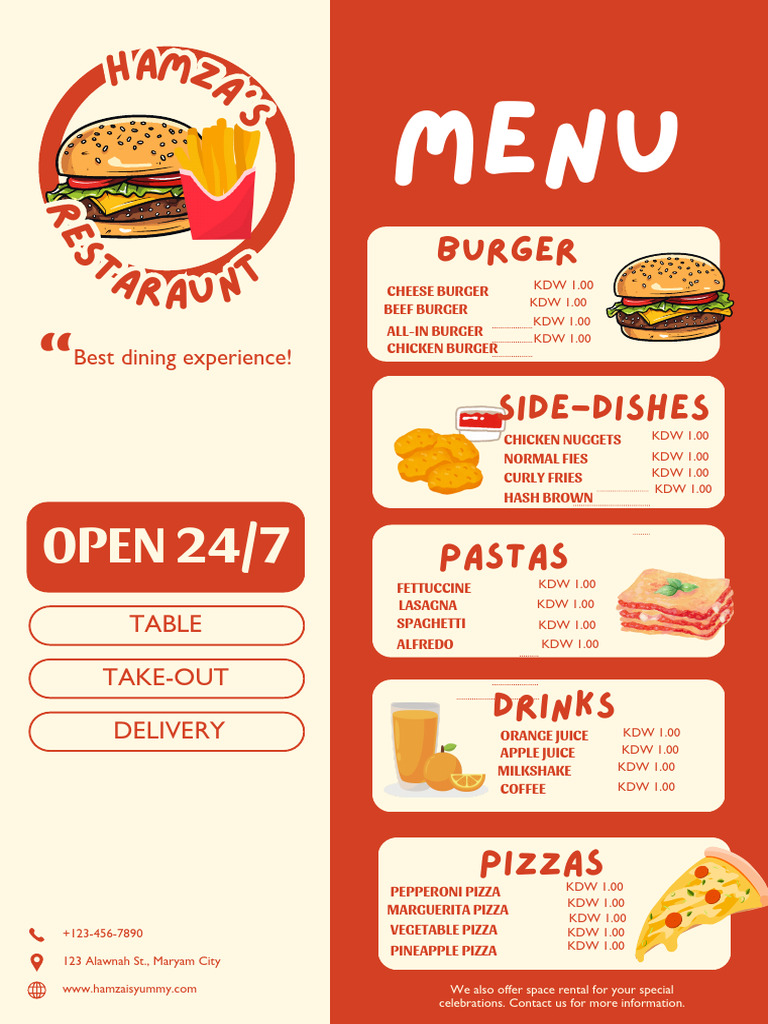 Orange and Cream Playful Illustrative Retro Food Diner Menu | PDF