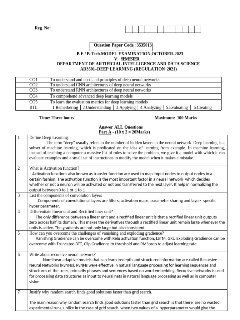 Ad3501 DL Model Exam Answer Key 26-10-23 | PDF | Cross Validation ...