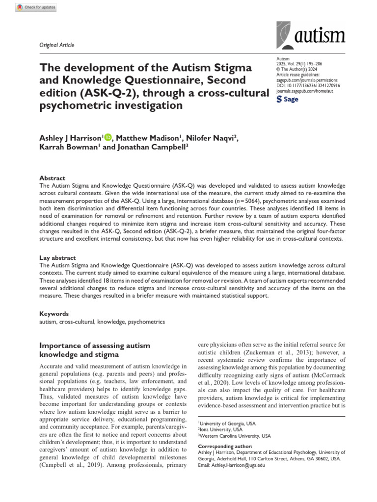 Autism Stigma and Knowledge Questionnaire 2 | PDF | Autism | Psychometrics