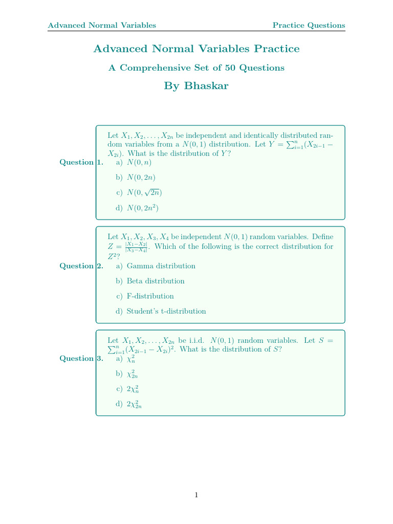 Advanced Normal Variables Questions Set | PDF | Chi Squared ...