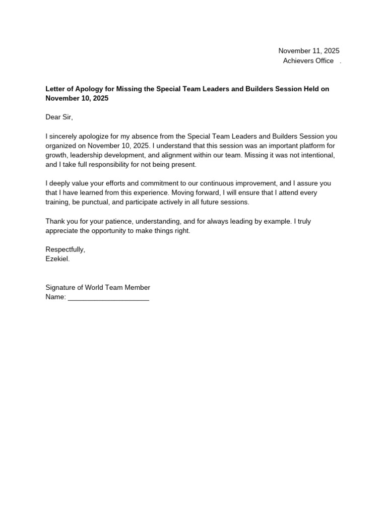 Letter of Apology For Missing The Special Team Leaders and Builders ...