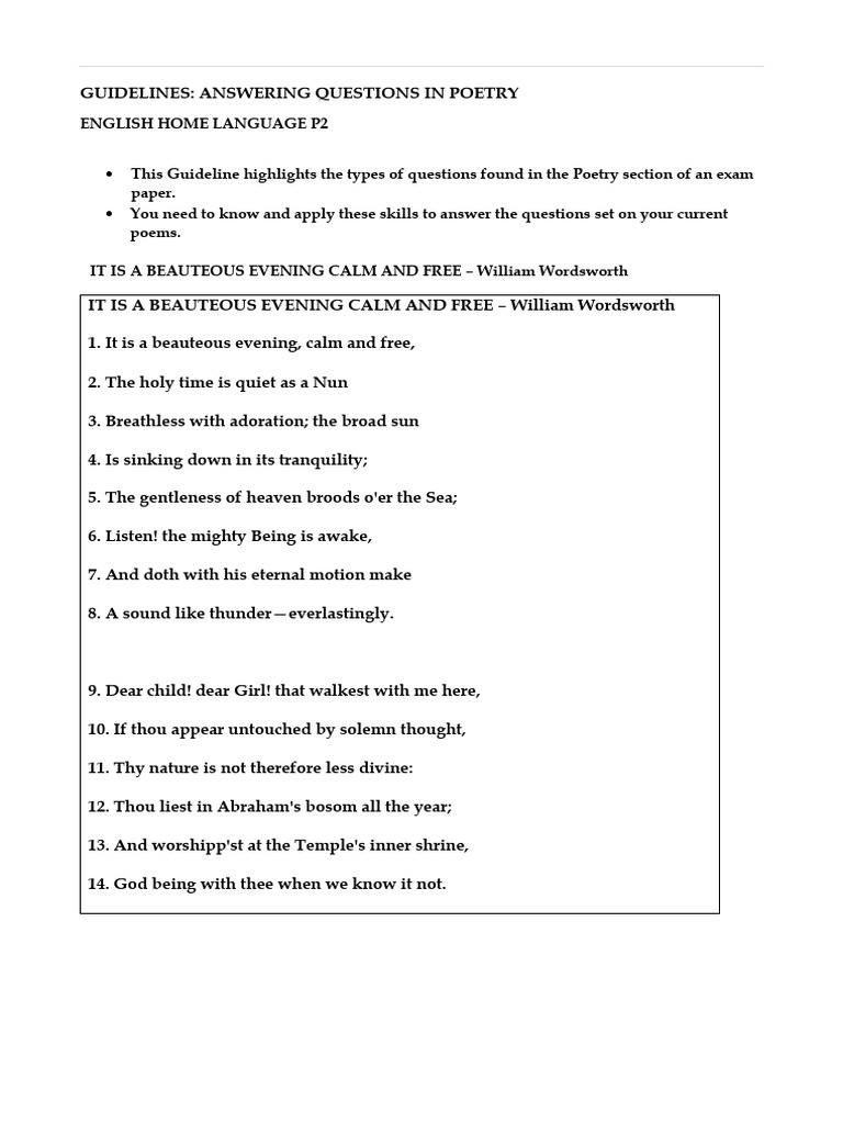 V2 GUIDELINES POETRY QUESTIONS ON Wordsworth's It is a beauteous ...