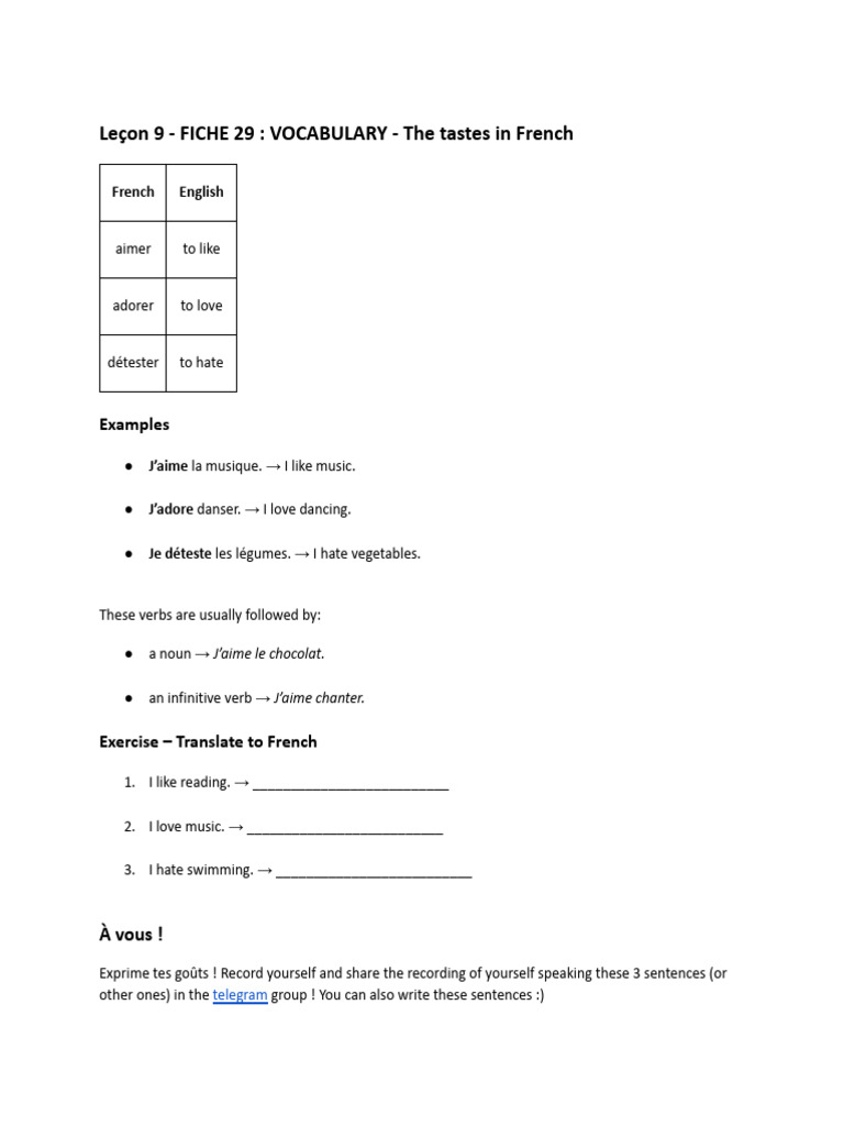 Leçon 9 - FICHE 29 - VOCABULARY - The Tastes in French | PDF