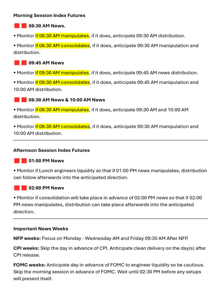 ICT Zeussy Index Futures NEWS Setups | PDF