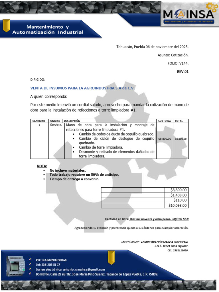Cotizacion MAINSA V144 REV01 Instalación de Refacciones A Torre ...