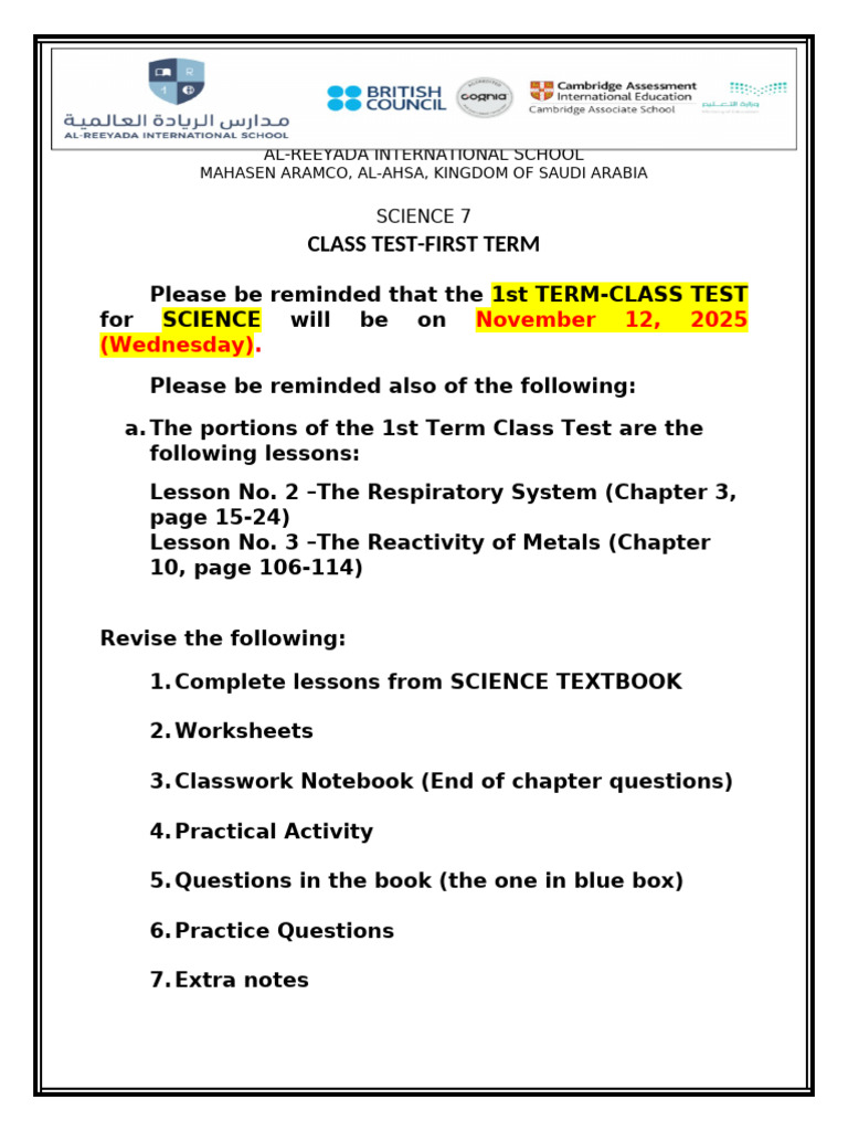 Science 7- 1st Term Class Test Portion | PDF